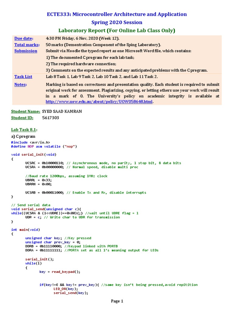 Laboratory Report For Online Lab Class Only Ecte333 Microcontroller Architecture And 