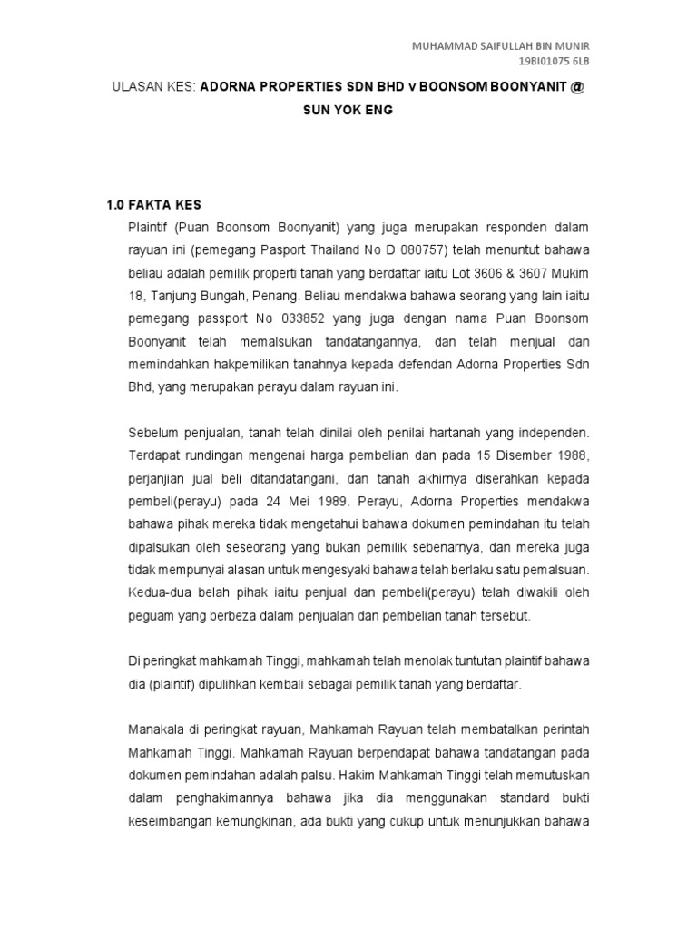 19bi01075 Muhammad Saifullah Bin Munir Ulasan Kes Tanah | PDF