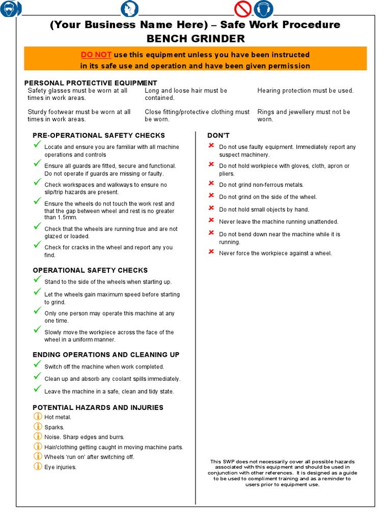 (Your Business Name Here) - Safe Work Procedure Bench Grinder | PDF ...