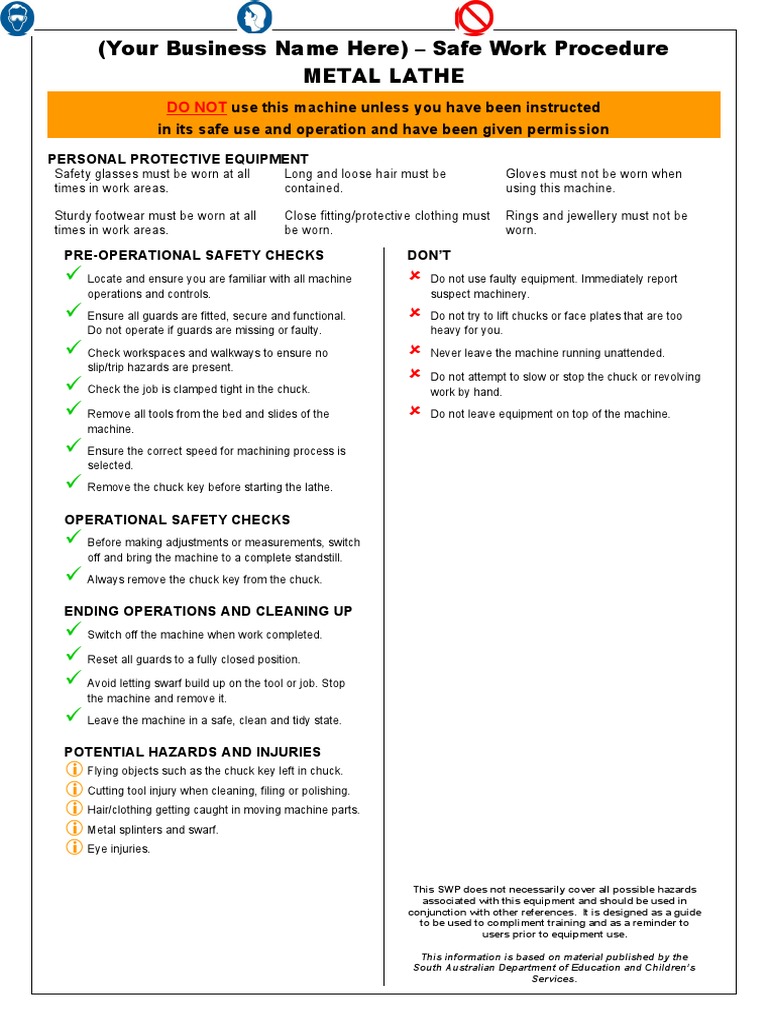(Your Business Name Here) - Safe Work Procedure Metal Lathe | PDF ...