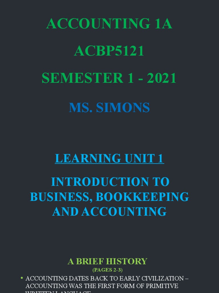 Accounting 1A ACBP5121 SEMESTER 1 - 2021: Ms. Simons | PDF ...