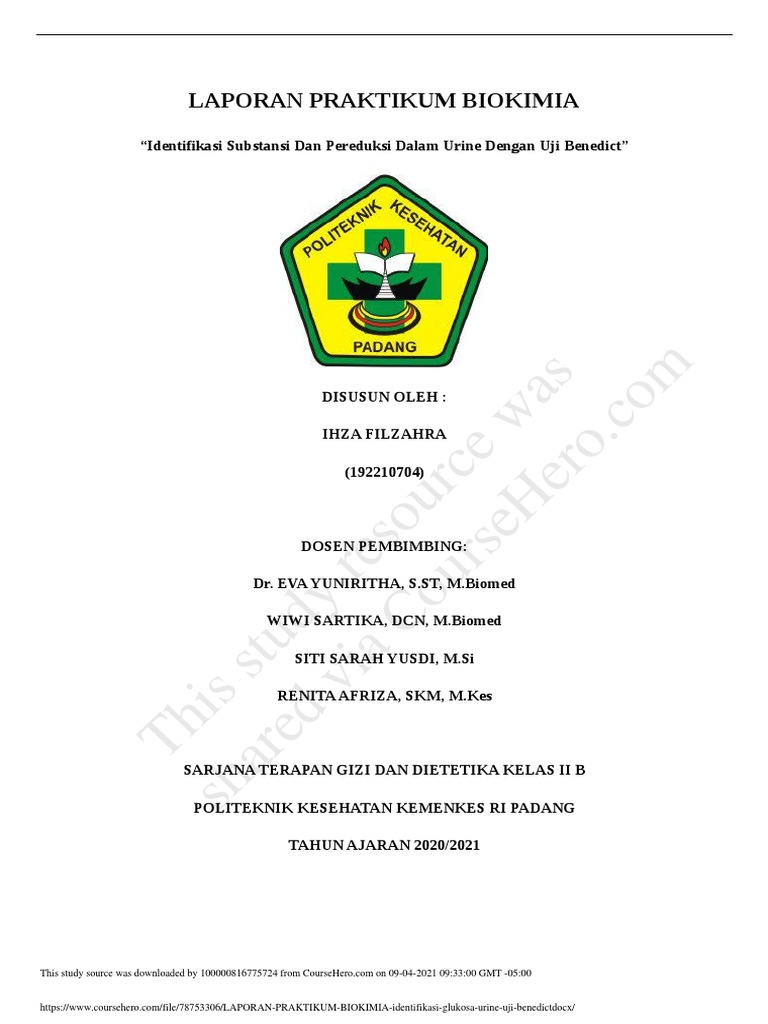 LAPORAN PRAKTIKUM BIOKIMIA Identifikasi Glukosa Urine Uji Benedict | PDF