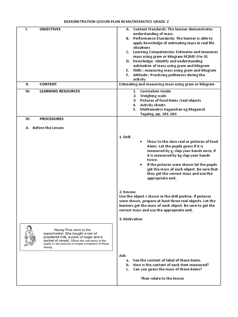 Demonstration Lesson Plan in Mathematics Grade 2 | PDF | Mass | Learning