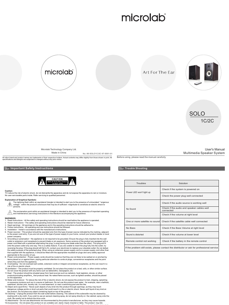 Multimedia Speaker System User's Manual: Microlab Technology Company Ltd. Made in China | PDF ...
