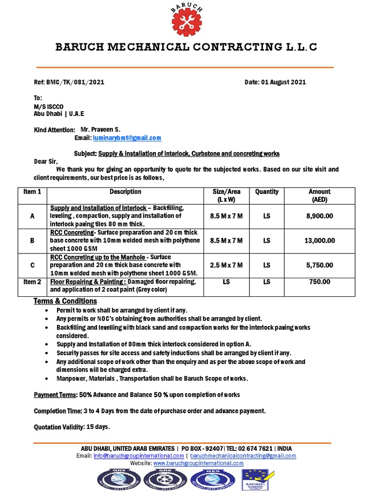 Interlock and Concreting Quotation | PDF | United Arab Emirates