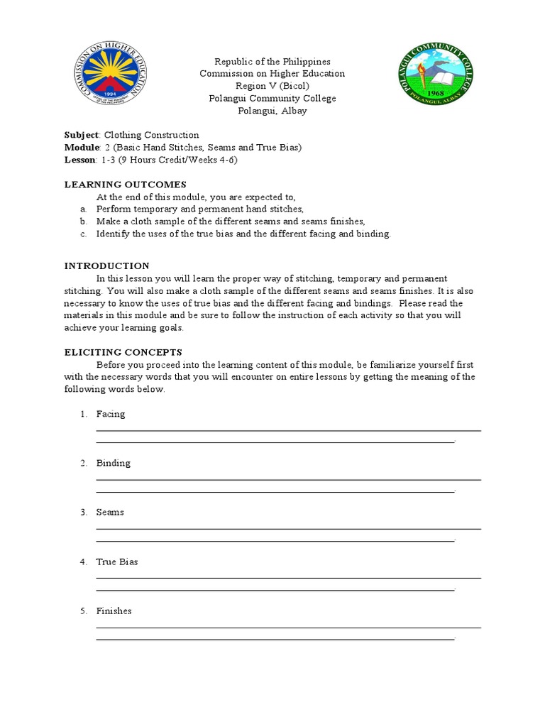 Module 2 - (Basic Hand Stitches, Seams and True Bias) Week 4-6 | PDF ...