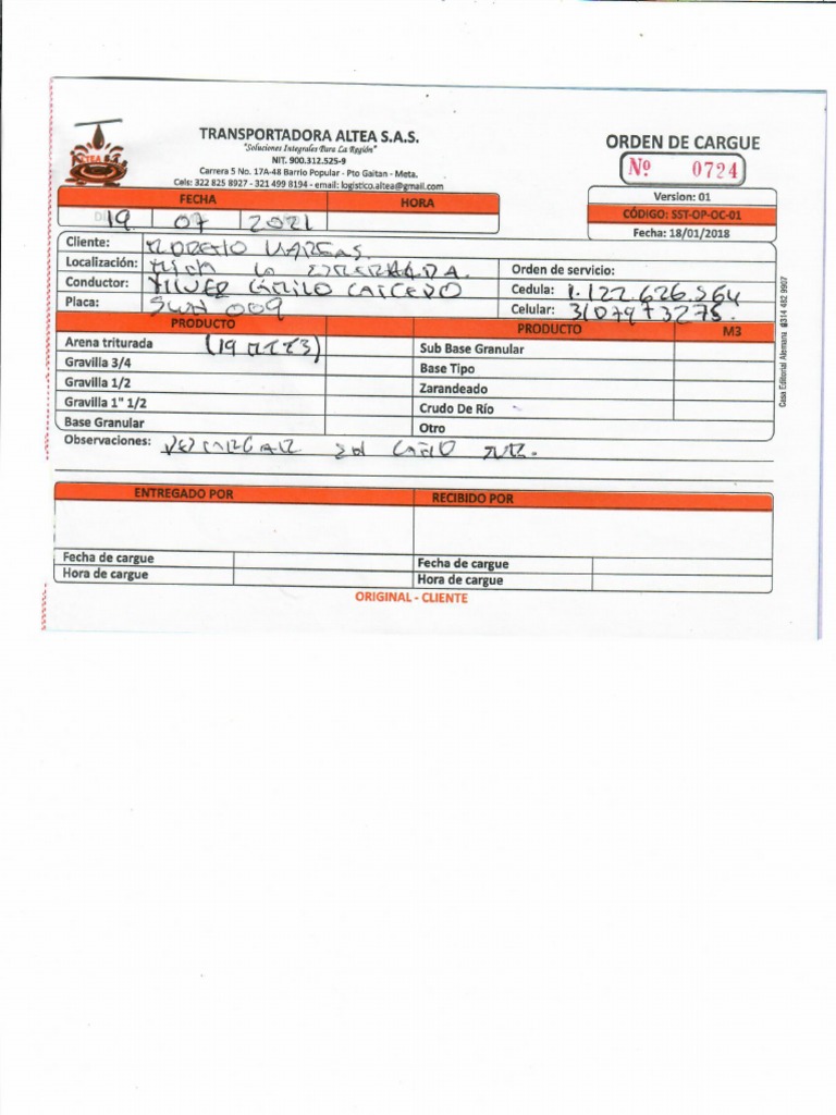 Orden de Cargue 724-Swn009 | PDF