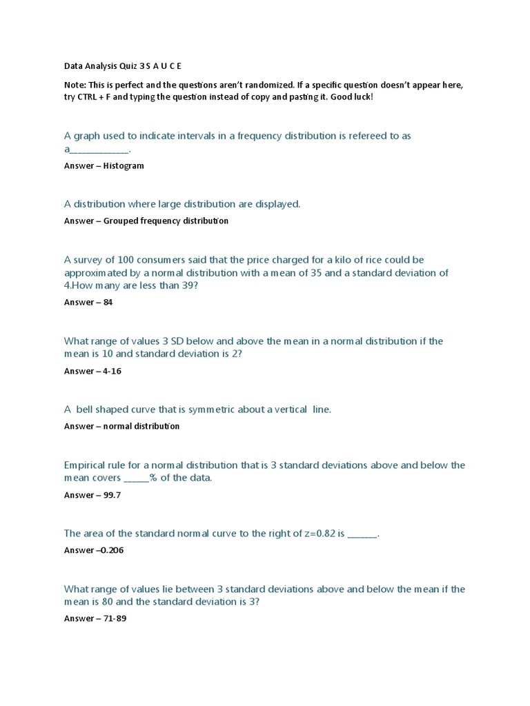 Data Analysis Quiz 3 Overview | PDF | Standard Deviation | Normal ...