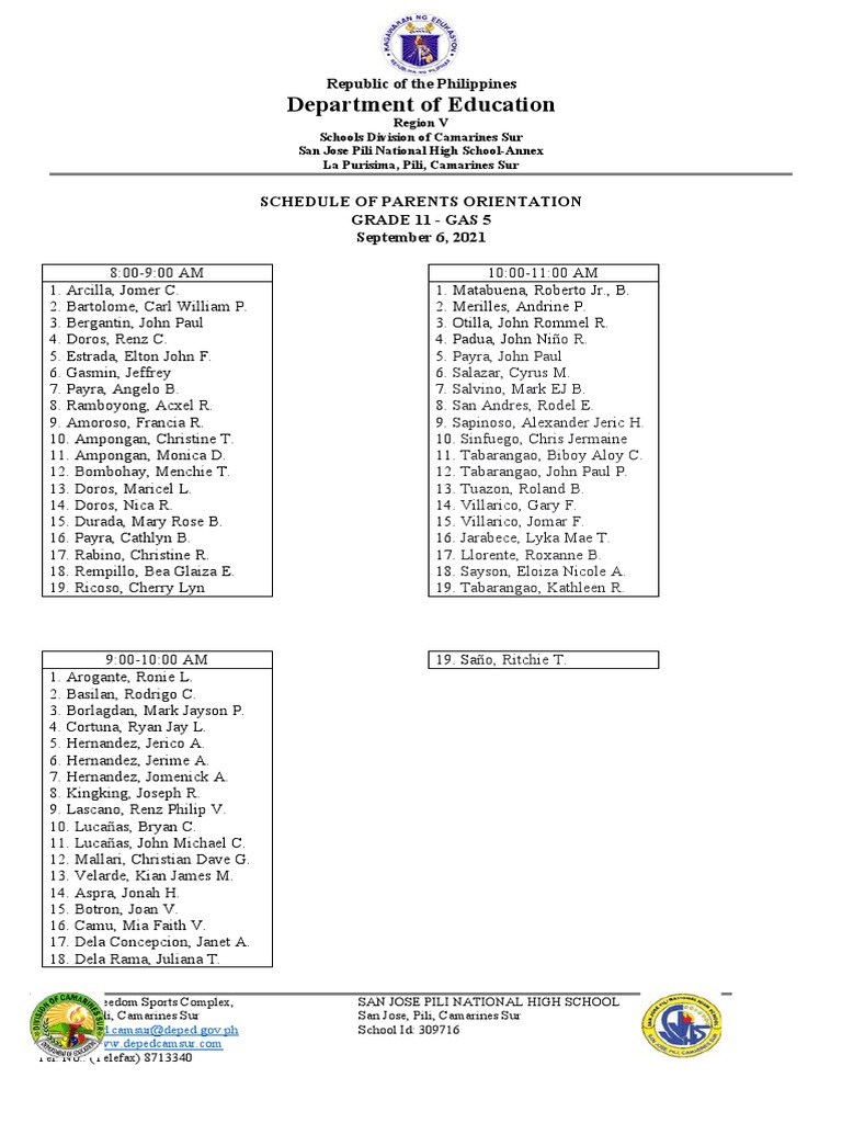 Schedule of Parents Orientation | PDF