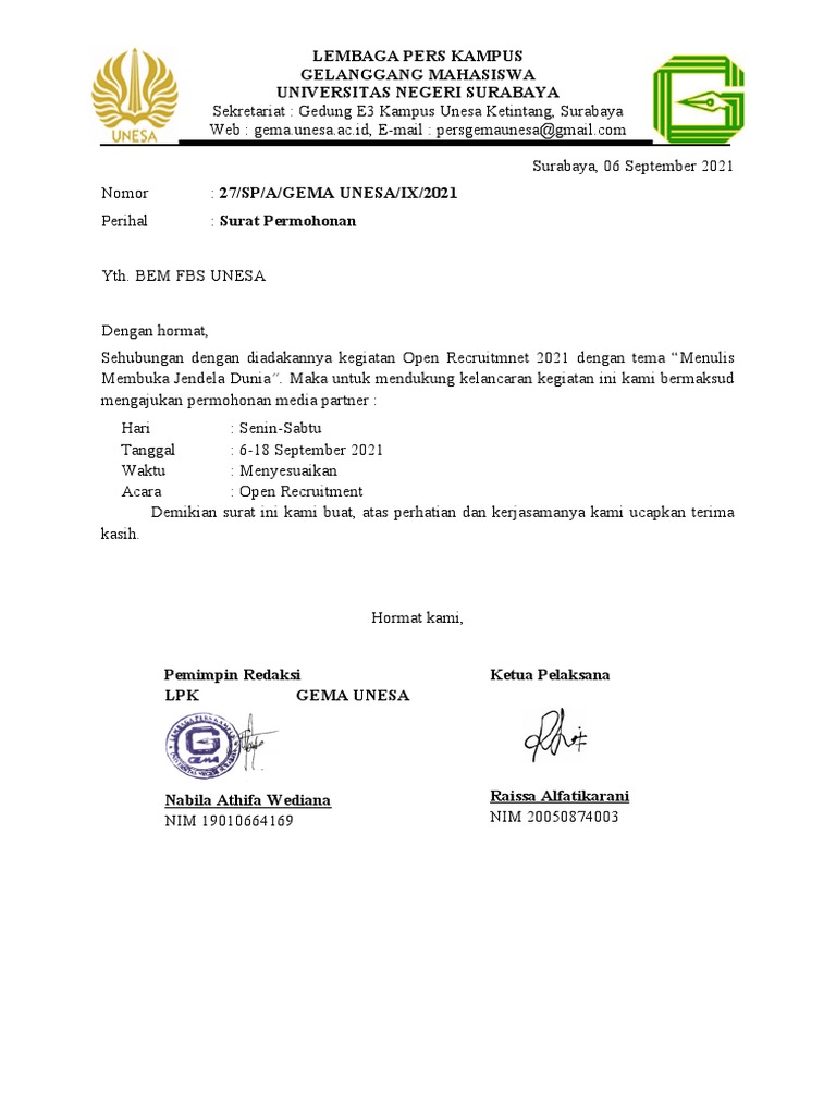 Surat Permohonan LPK GEMA (HMJ PKK) | PDF