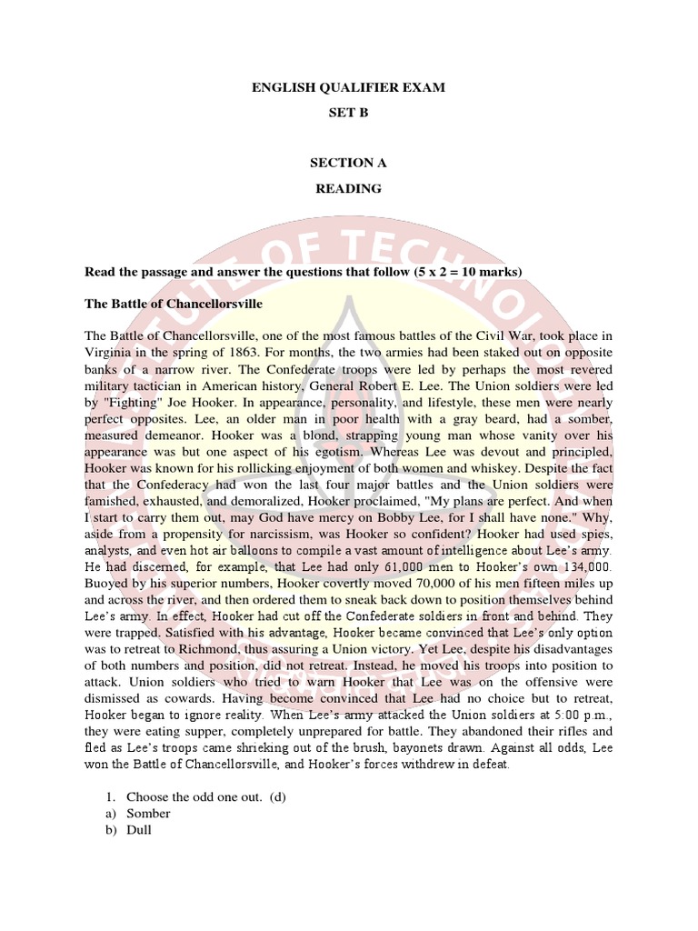 English Qualifier Exam Set B | PDF | Adjective | Verb