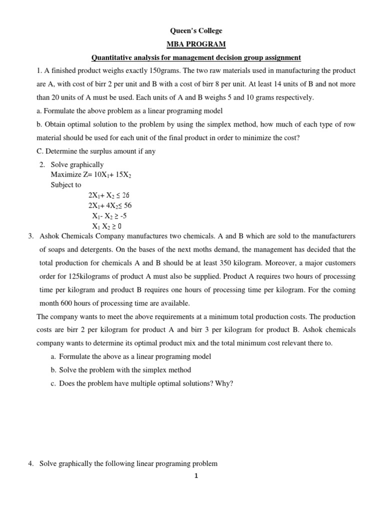 Optimal Product Mix and Resource Allocation for an MBA Quantitative ... Optimal Product Mix and Resource Allocation for an MBA Quantitative ...