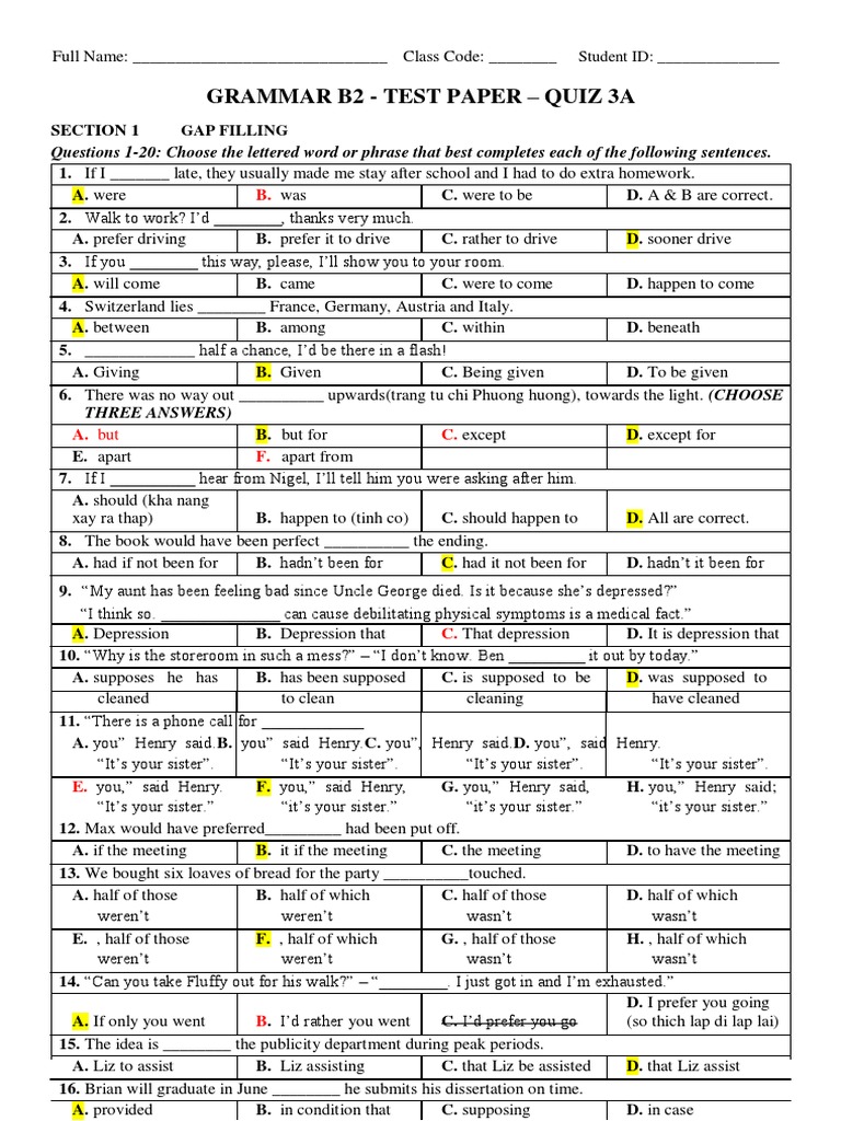 Grammar B2 - Test Paper - Quiz 3A | PDF