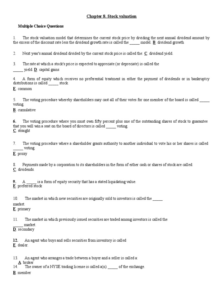 Chapter 8. Stock Valuation: Multiple Choice Questions | PDF | Stocks ...