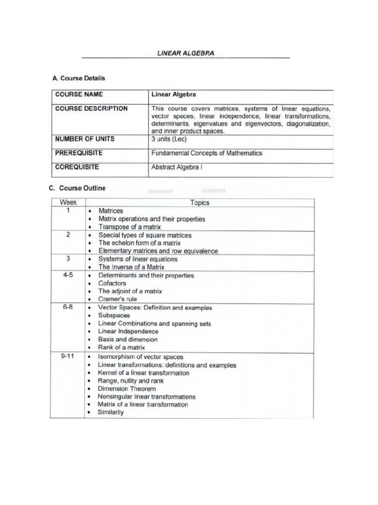 Linear Algebra Course Outline Pdf