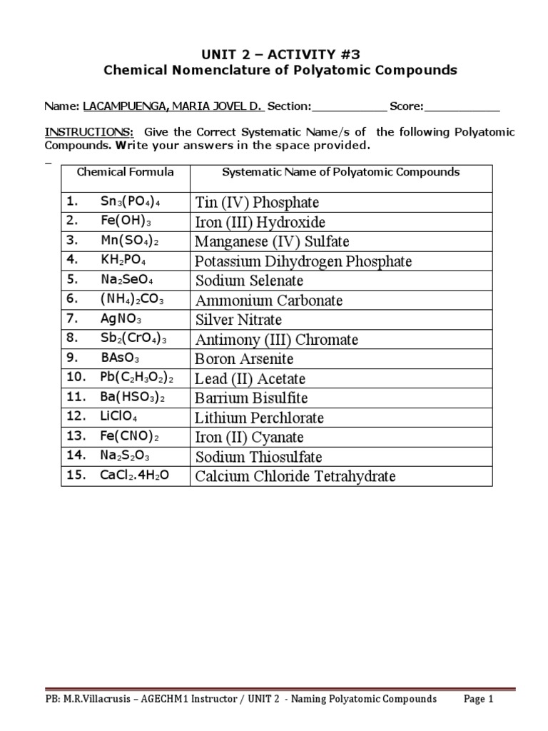 UNIT 2 - ACTIVITY #3 - Nomenclature of Polyatomic Compounds | PDF