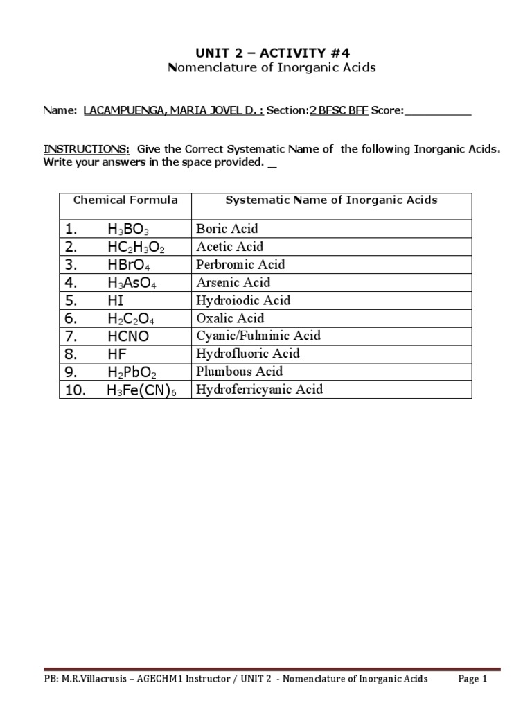 UNIT 2 - ACTIVITY #4 - Nomenclature of Inorganic Acids | PDF