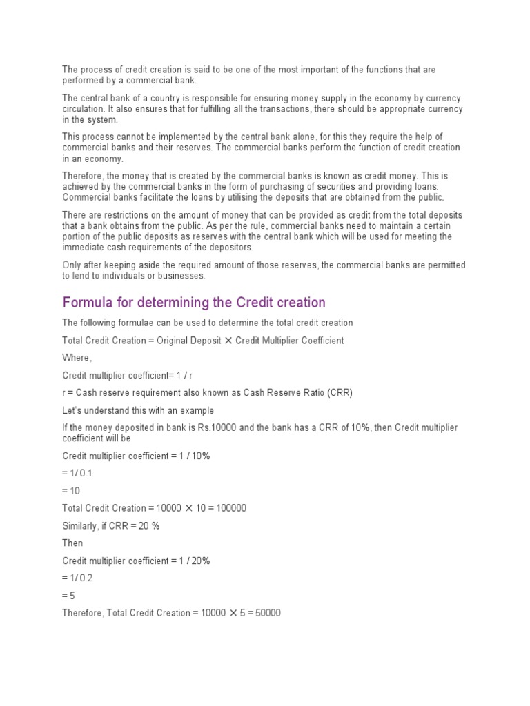Formula For Determining The Credit Creation | PDF | Money Creation | Banks