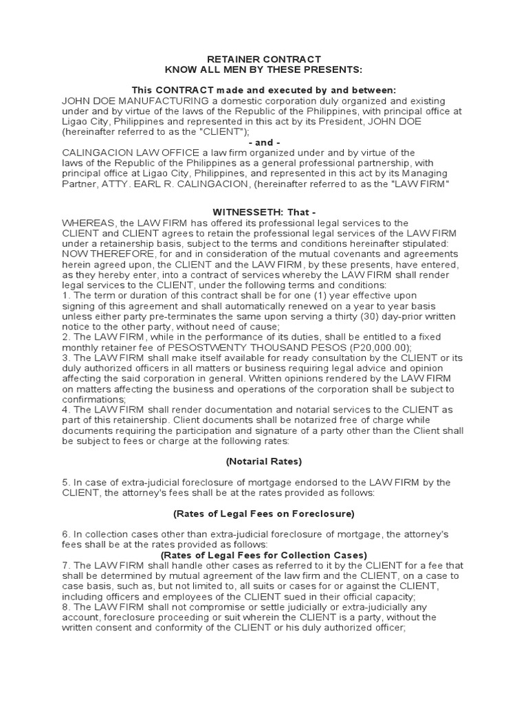 Retainer Contract Between Lawyer | PDF | Foreclosure | Attorney's Fee