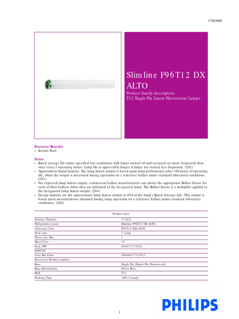 Slimline F96T12 DX Alto: Product Family Description T12 Single Pin ...