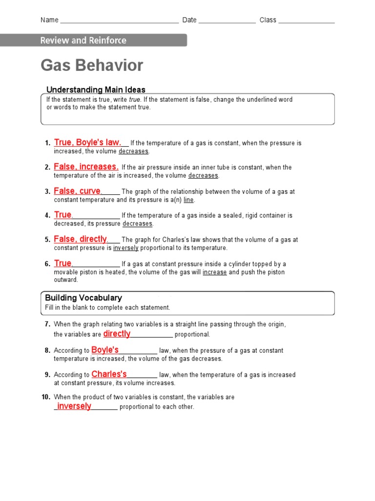 Gas Behavior Worksheet Answers | PDF | Science & Mathematics