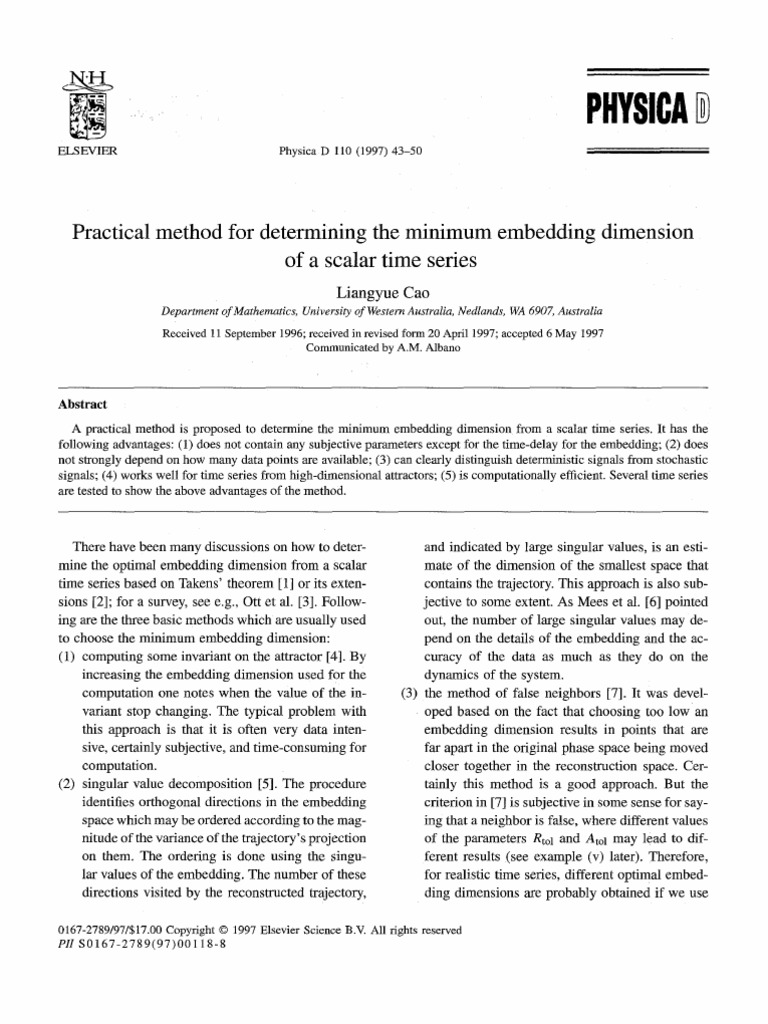 Practical Method For Determining The Minimum Embedding Dimension Pdf Time Series Dimension