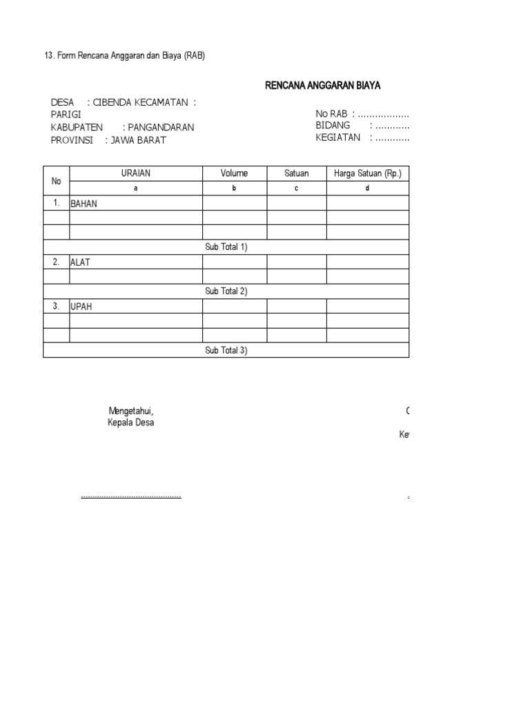 Form Rencana Anggaran Dan Biaya (RAB) | PDF