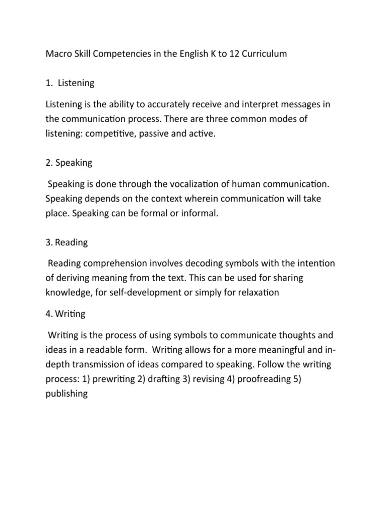 K-12 Macro Skills: Listening, Speaking, Reading, Writing & Viewing | PDF