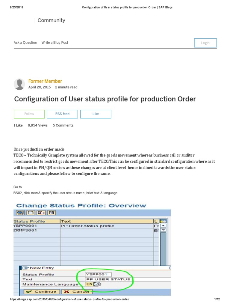 Configuration Of User Status Profile For Production Order Sap Blogs Pdf Information