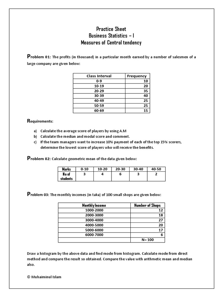 Central Tendency Practice Sheet | PDF | Mean | Mode (Statistics)