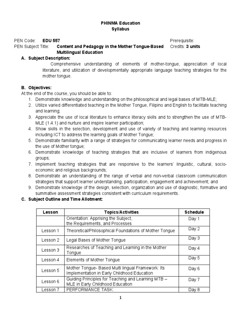 PHINMA Education Syllabus EDU 557 Content and Pedagogy in The Mother ...