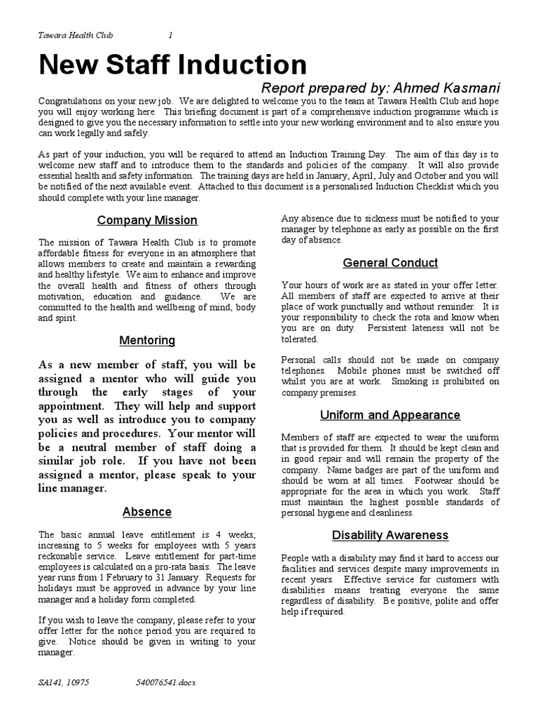 New Staff Induction: Report Prepared By: Ahmed Kasmani | PDF | Computer ...