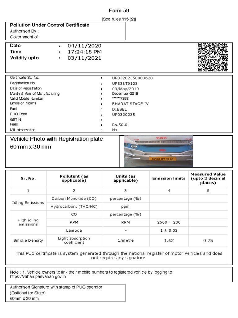 PUC Pollution Under Control Certificate Form | PDF | Exhaust Gas | Vehicles
