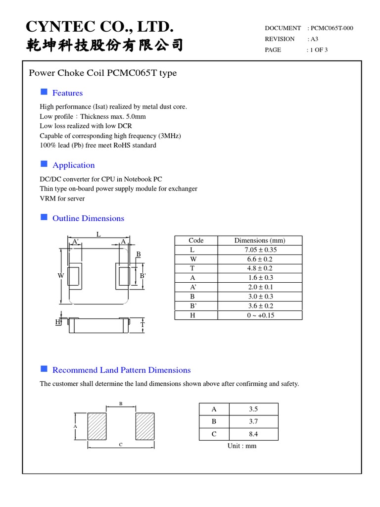 Cyntec Co., LTD.: Power Choke Coil PCMC065T Type | PDF | Inductance ...