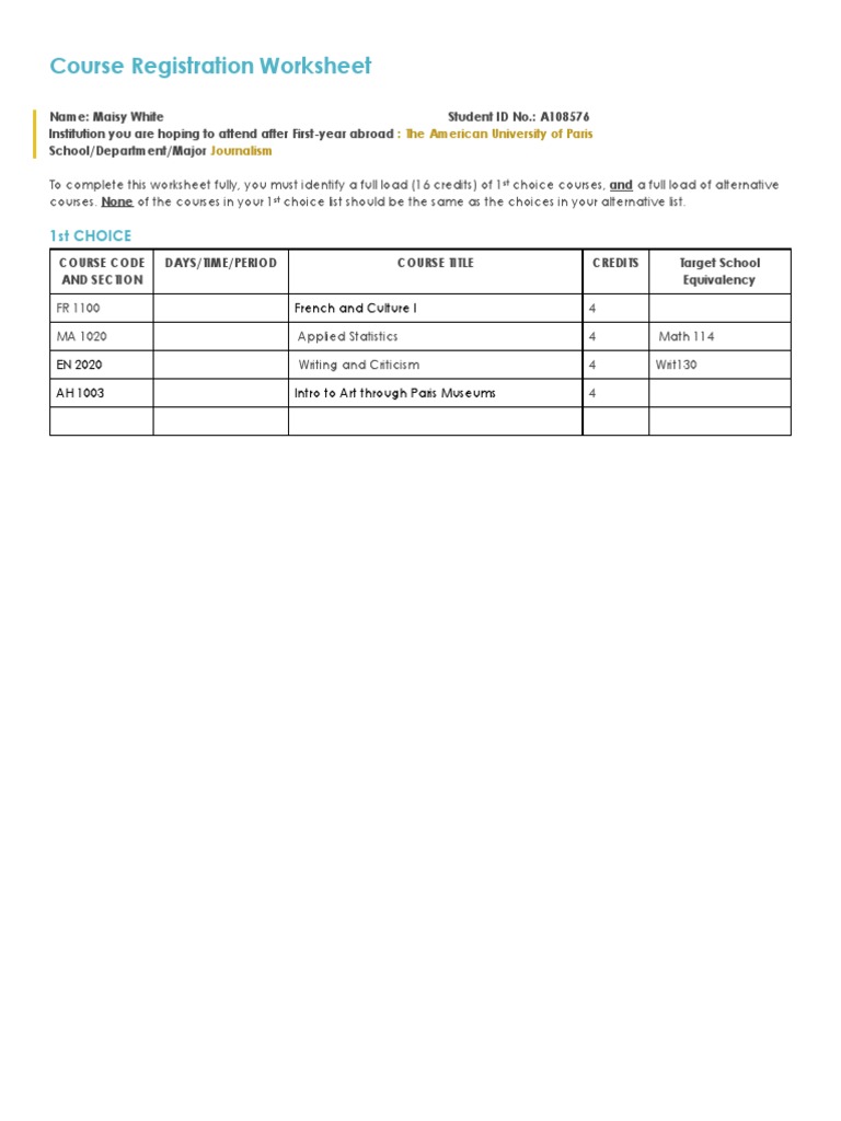 Course Registration Worksheet | PDF