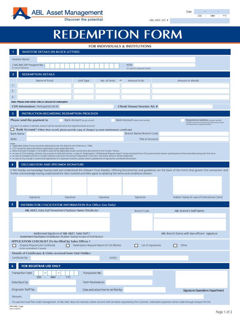 Redemption Form: For Individuals & Institutions | PDF | Banks | Cheque