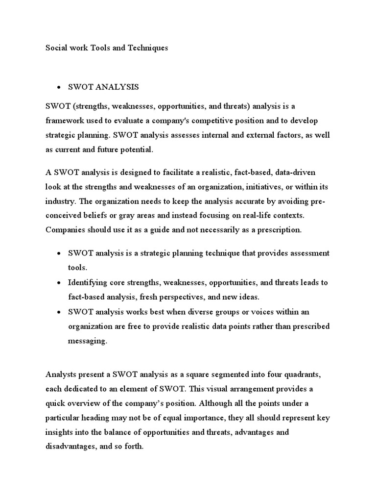Social Work Tools and Techniques Final | PDF | Swot Analysis