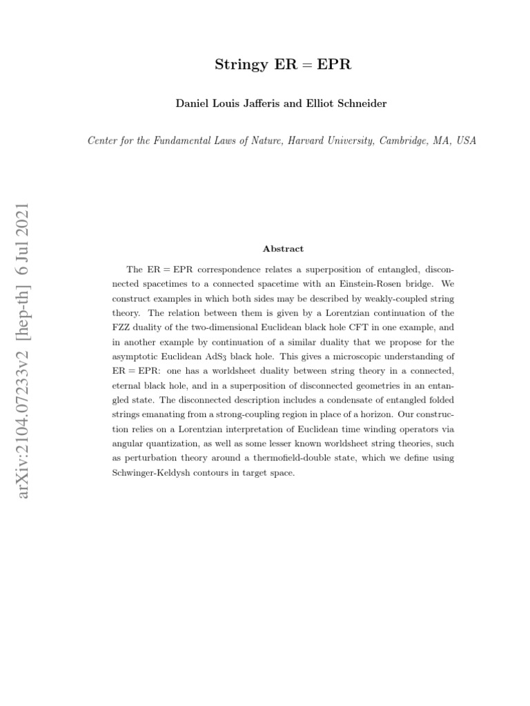 Stringy ER EPR: Daniel Louis Jafferis and Elliot Schneider | PDF ...