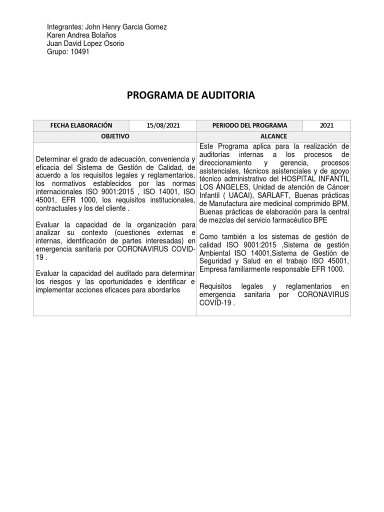 Programa de Auditoria Interna | PDF | Auditoría | Sistema de manejo de ...