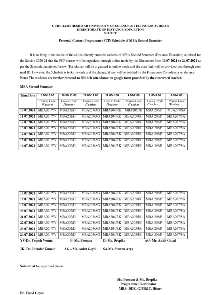 PCP Schedule MBA 2nd and 4th SEM-01072021 | PDF | Distance Education ...