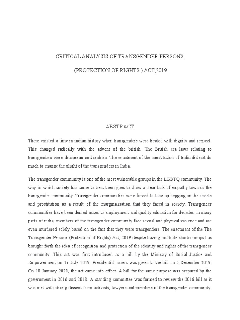 Critical Analysis of Transgender Persons (Protection of Rights) Act ...