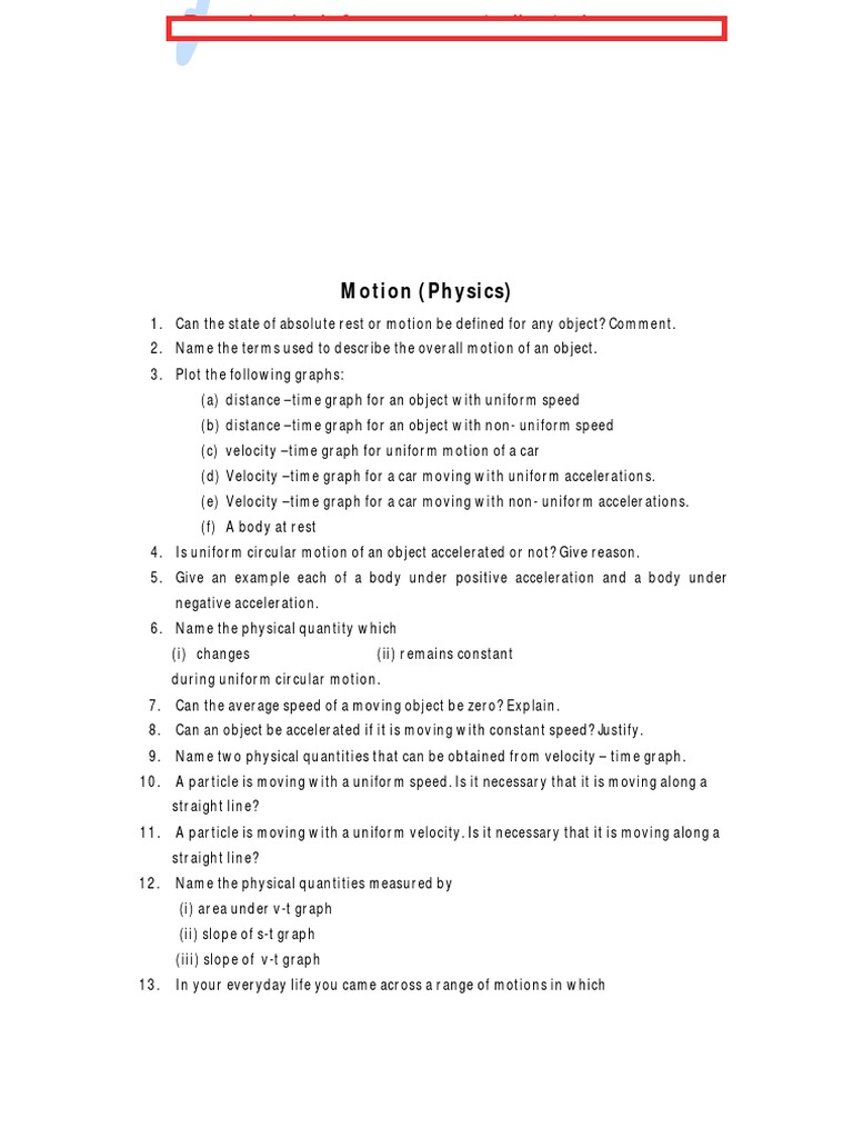 Class 9 Motion Worksheet with Solutions | PDF | Acceleration | Velocity