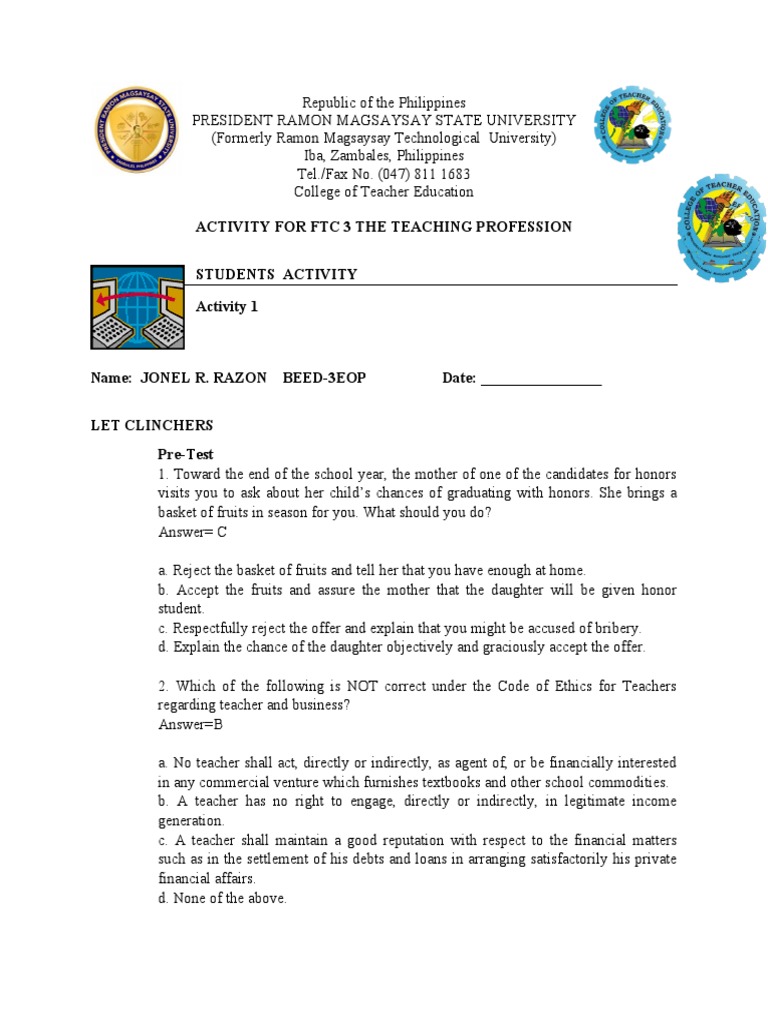 Activity For FTC 3 The Teaching Profession Students Activity Activity 1 ...