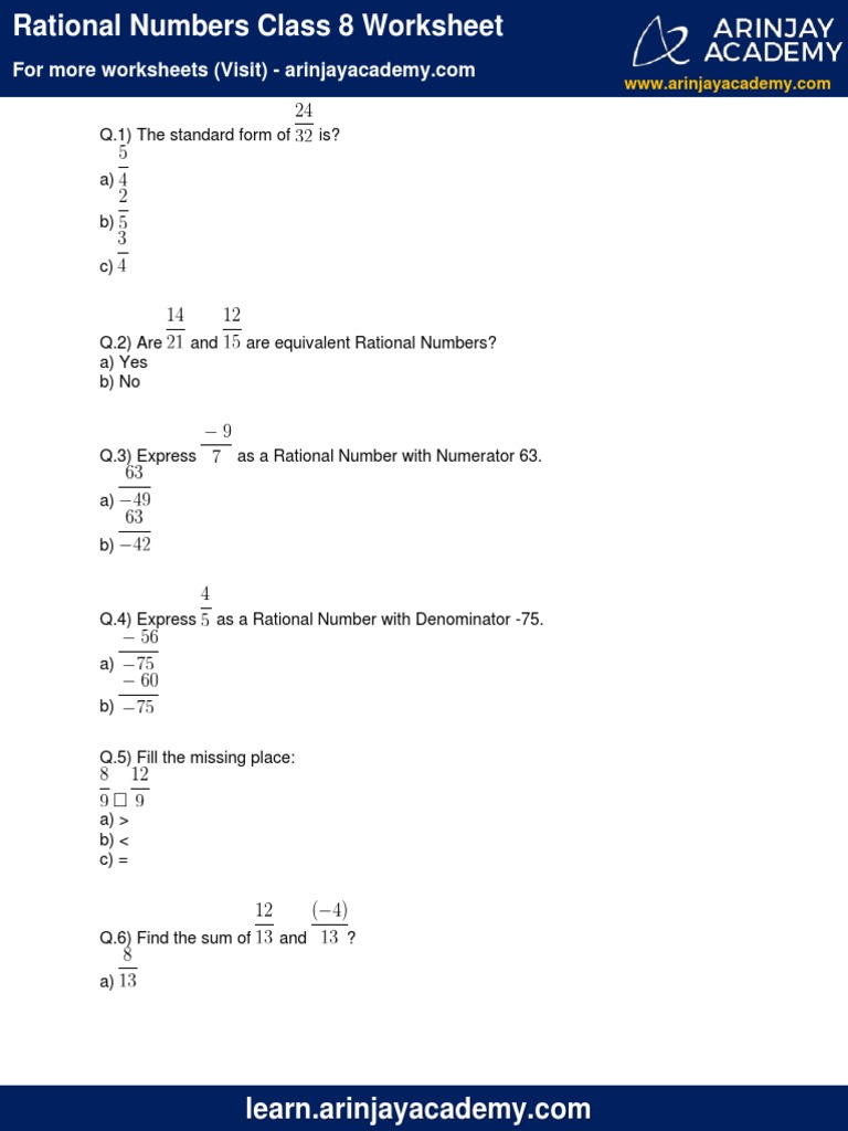 Rational Numbers Class 8 Worksheet | PDF | Rational Number | Elementary ...
