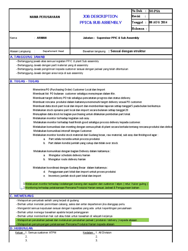 Jobdesc Supervisor PPIC (Production Planning Inventory Control) | PDF | Bisnis | Teknologi ...