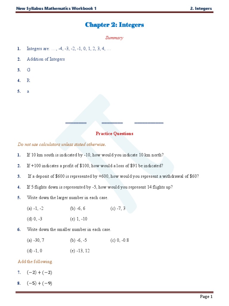Chapter 2: Integers: Integers Are:, - 4, - 3, - 2, - 1, 0, 1, 2, 3, 4 ...