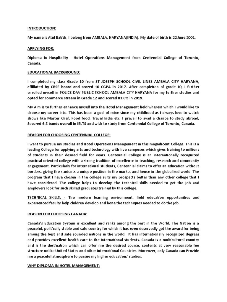 Statement of Purpose - Centennial College JToronto Canada | PDF ...