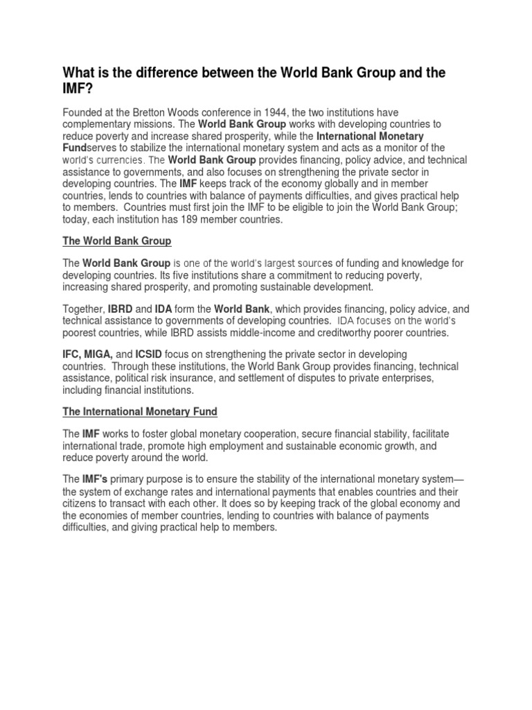 What Is The Difference Between The World Bank Group and The IMF | PDF