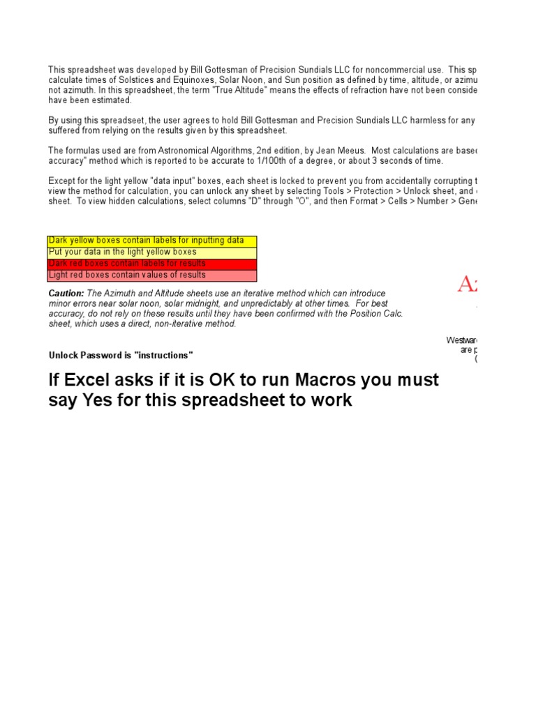 Sun Position Calculator | PDF | Spreadsheet | Azimuth