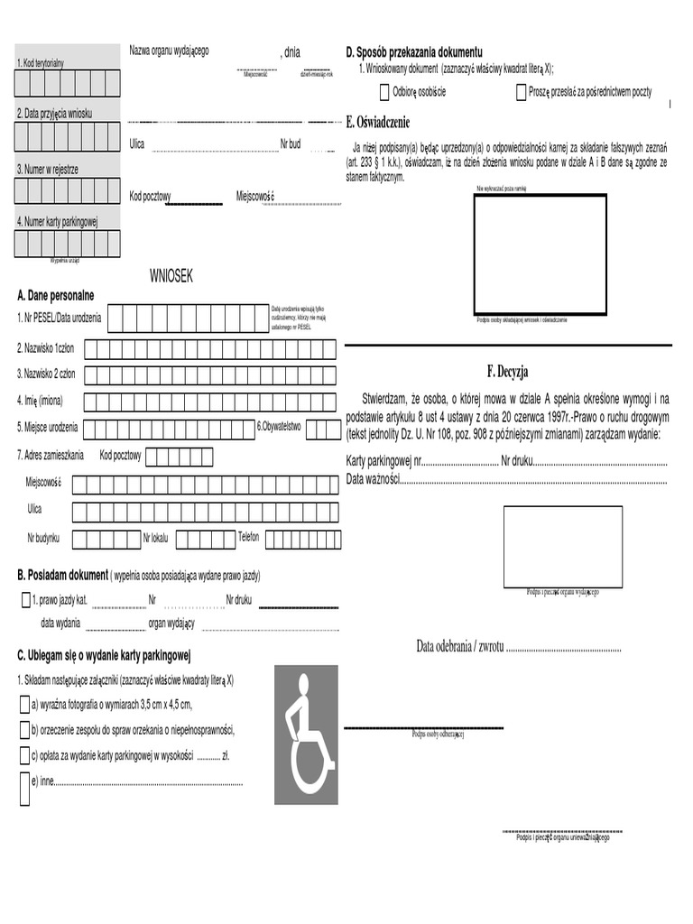 Wniosek o Wydanie Karty Parkingowej | PDF